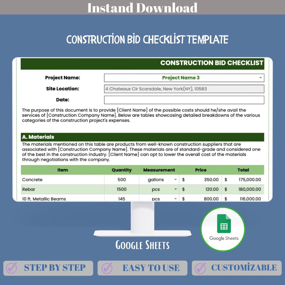Construction Bid Checklist Template Google Sheets, Editable Contractor ...