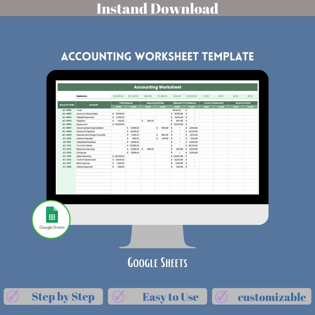 Editable Accounting Worksheet Template, Digital Download for Financial ...