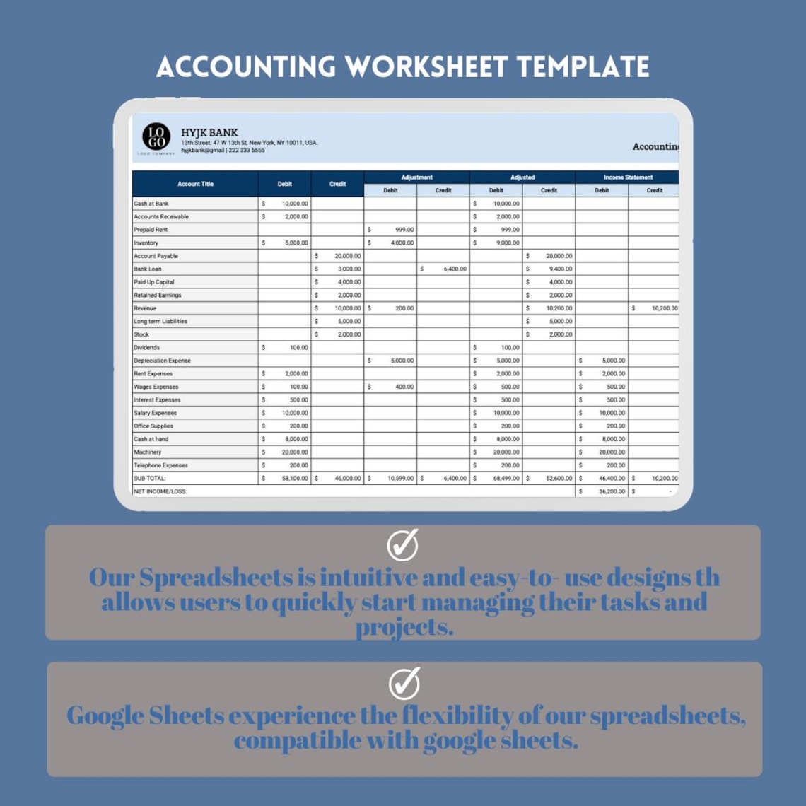 Accounting Worksheet Template in Google Sheets for Adjustments, Trial ...