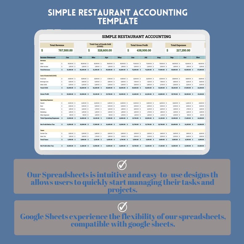 Simple Restaurant Accounting Template, Editable Excel/google Sheets ...