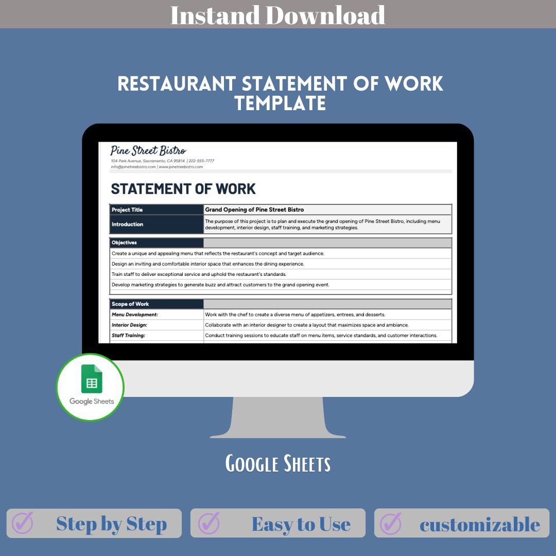 Restaurant Statement of Work Template, Digital Download, Editable Word ...