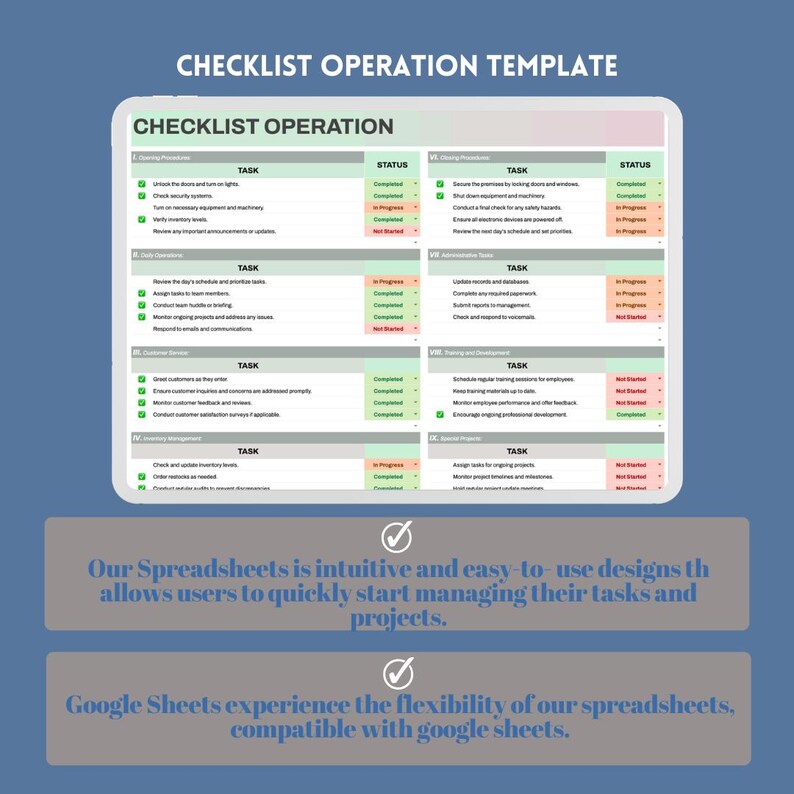 Checklist Operation Template Google Sheets Small Business Workflow ...