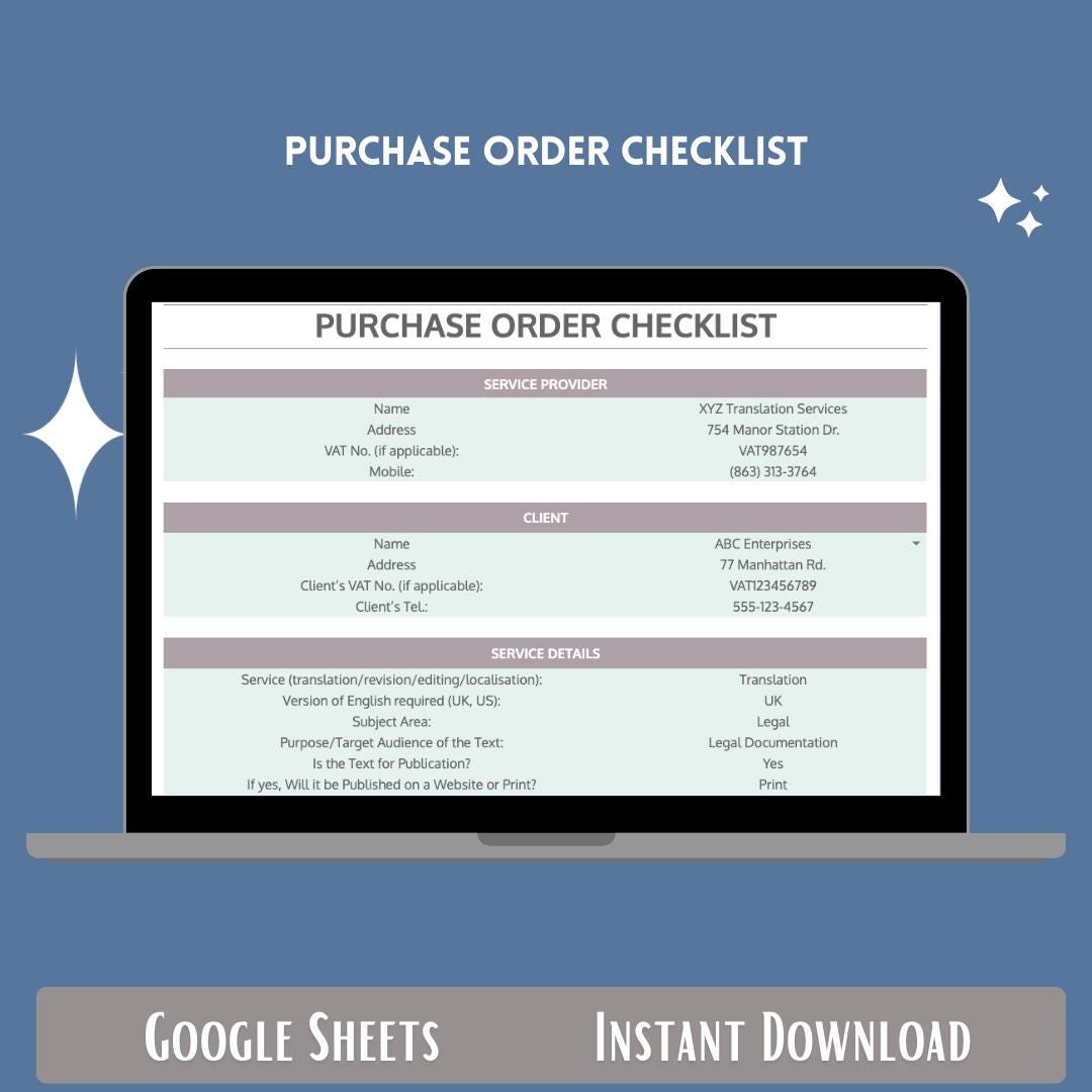 Purchase Order Checklist Template, Digital Download, Editable Excel or ...