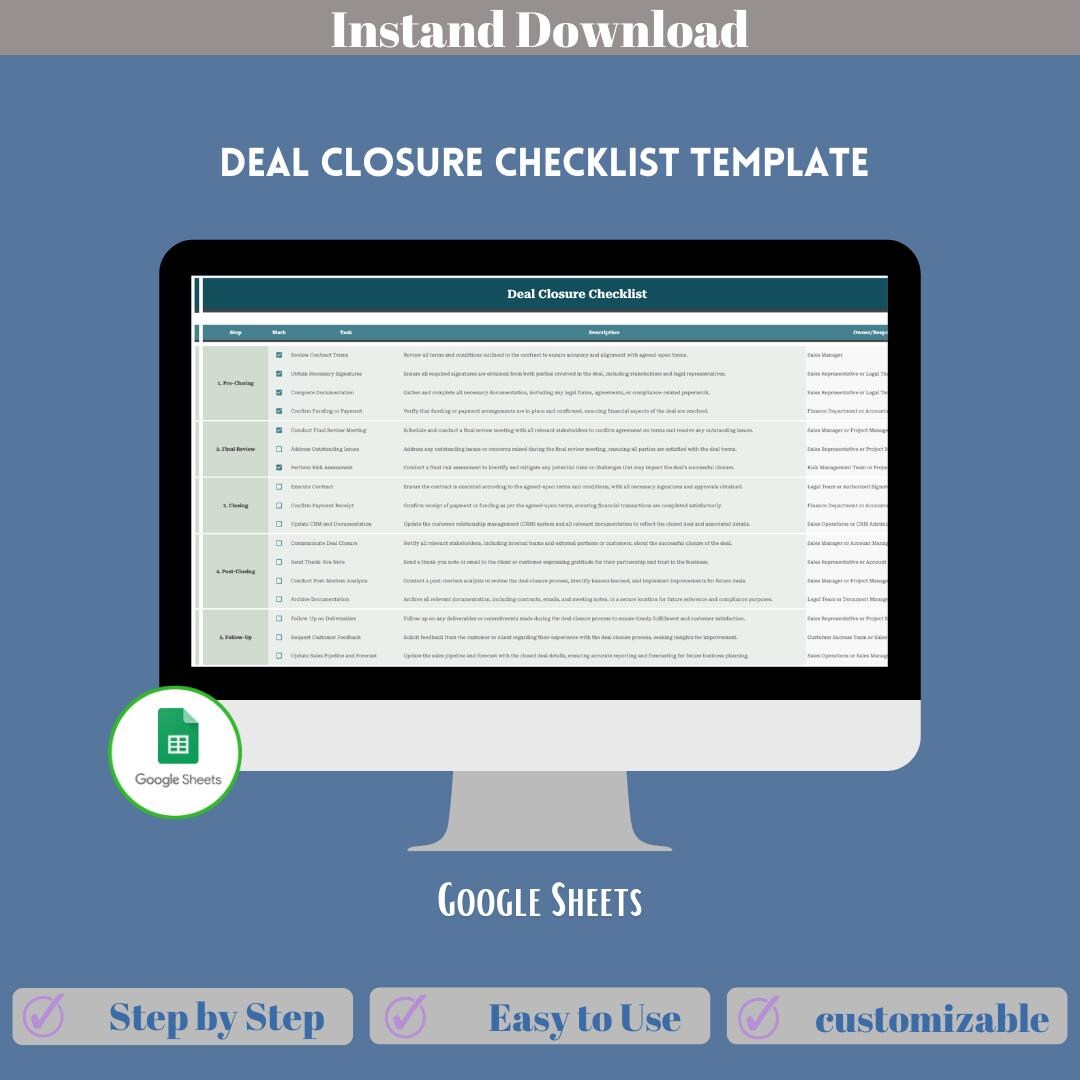 Deal Closure Checklist Template, Digital Download, Editable Excel or ...