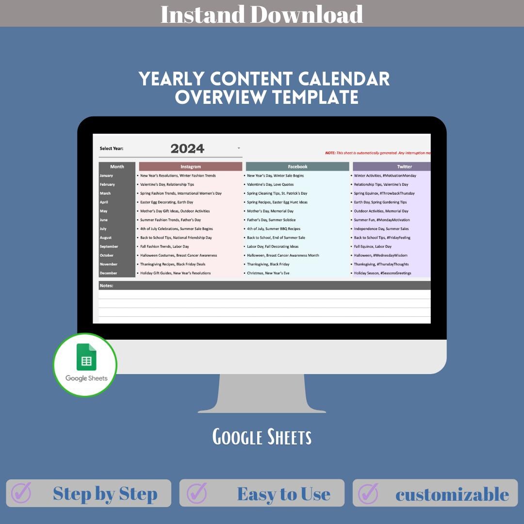 Yearly Content Calendar Overview Template, Digital Download, Editable ...