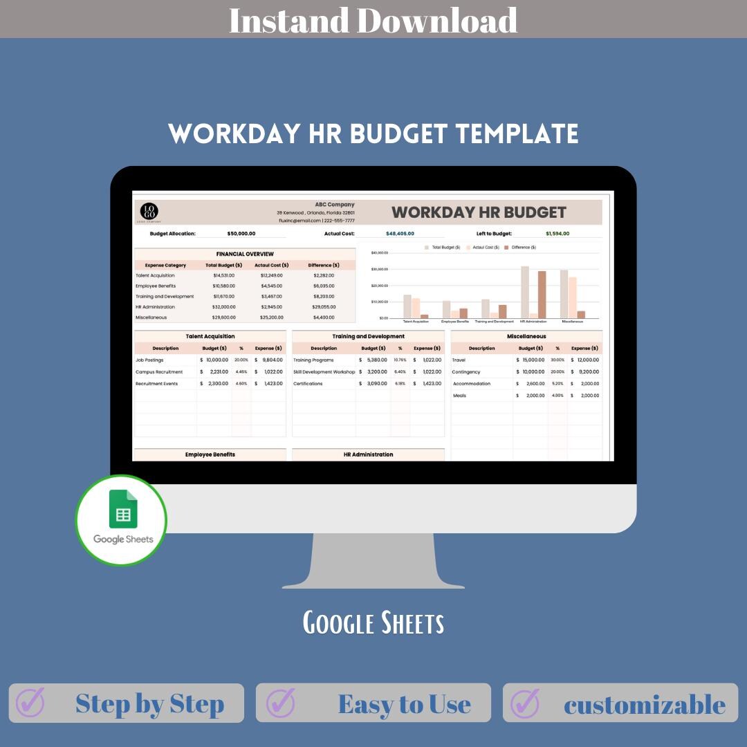 Workday HR Budget Template, Digital Download, Editable Excel or Google Sheets, Easy-to-use ...