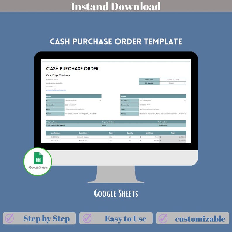 Cash Purchase Order Template,business Finance, Expense Tracker, Order ...