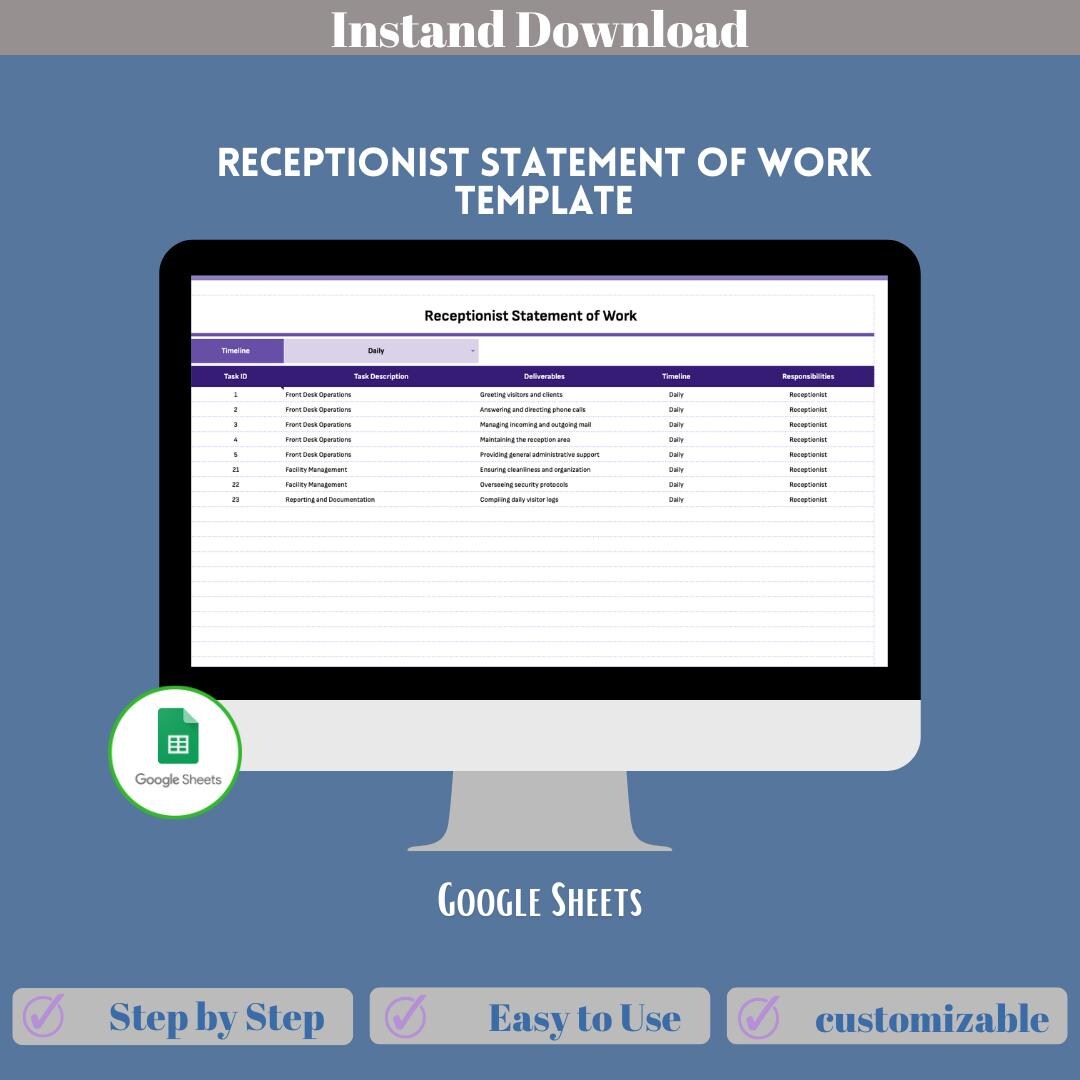 Receptionist Statement of Work Template, Digital Download, Editable ...