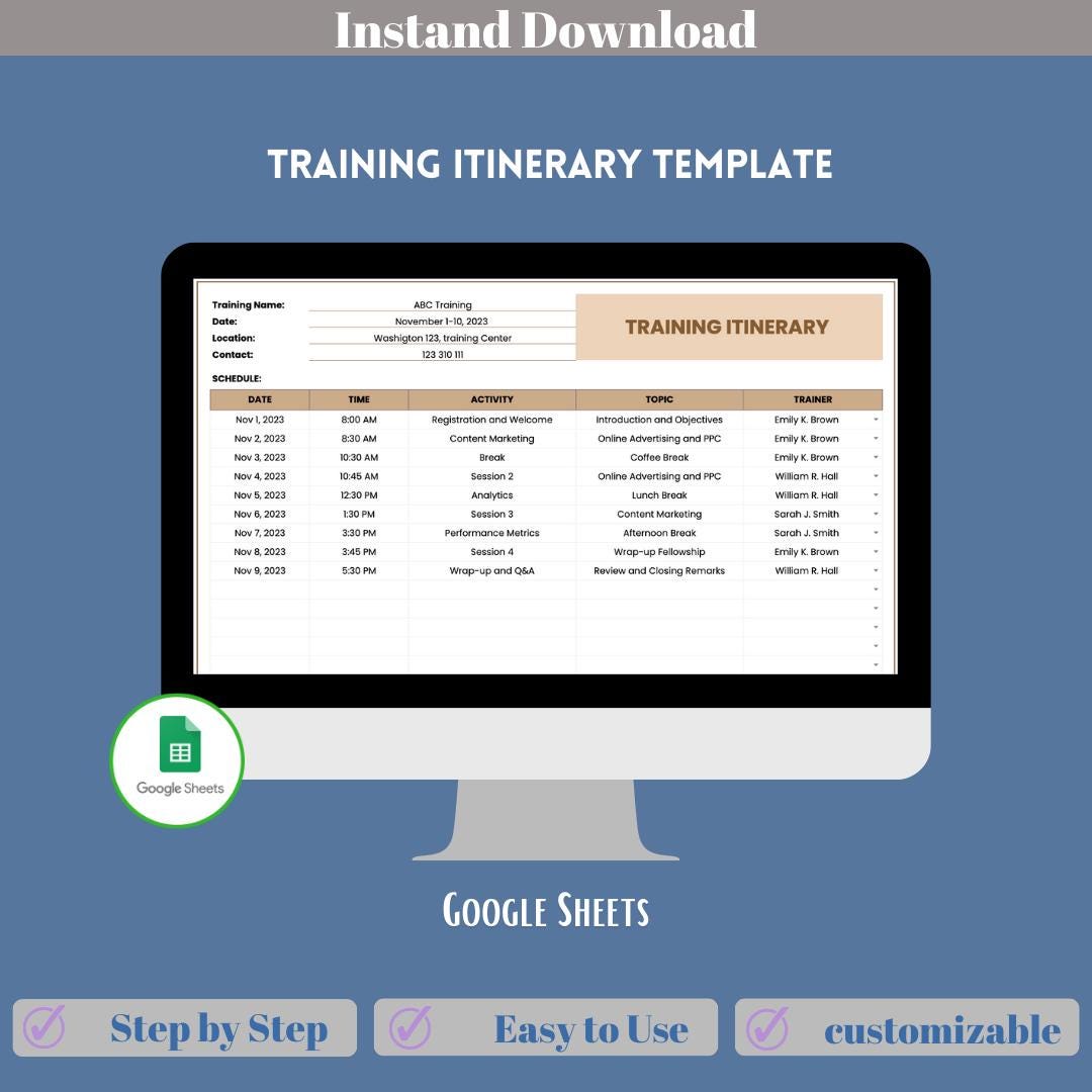 Training Itinerary Template, Editable Digital Download, Google Sheets ...