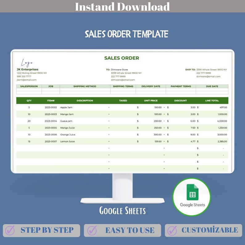 Sales Order Template Google Sheets, Editable Order Entry Form,customer ...