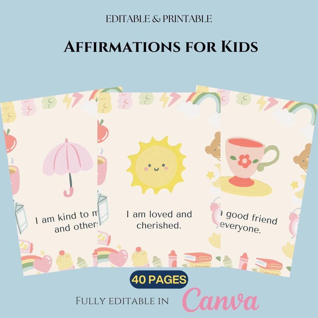 Affirmations for Kids Canva Template, Positive Thinking Cards ...