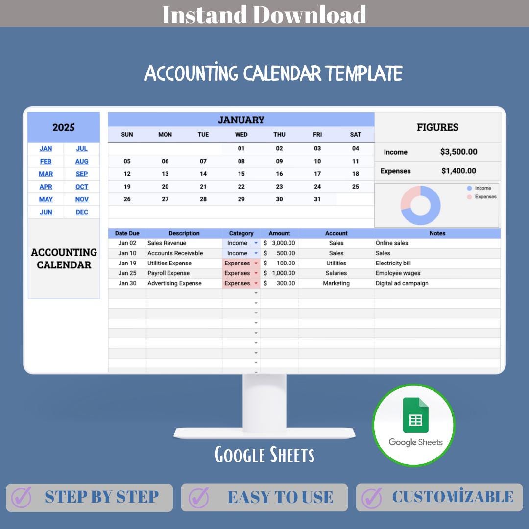 Accounting Calendar Template Google Sheets, Editable Finance Planner ...