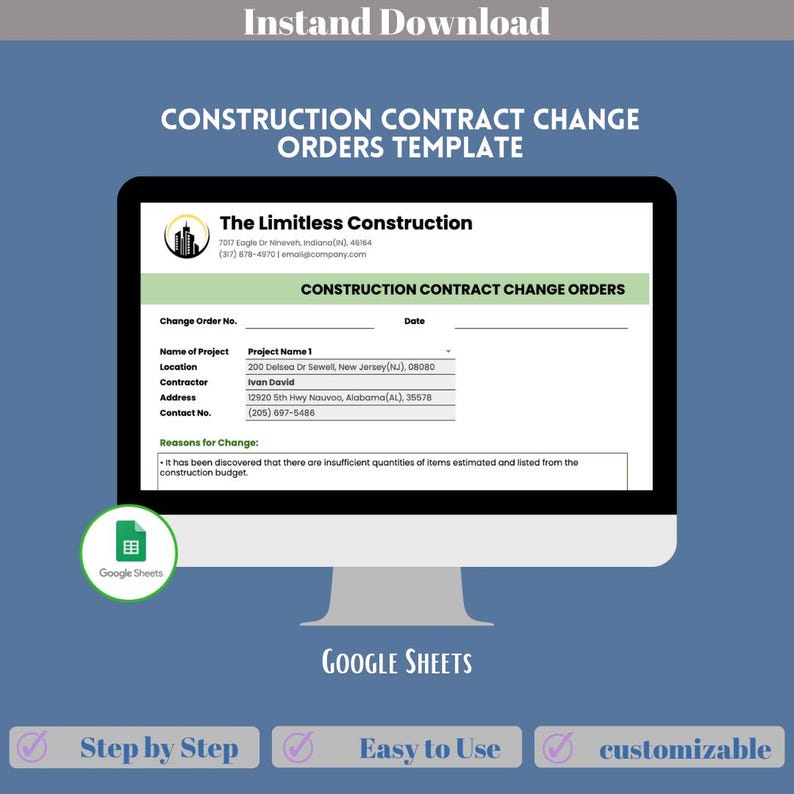 Construction Contract Change Orders Template, Editable, Excel Spreadsheet,project Management ...