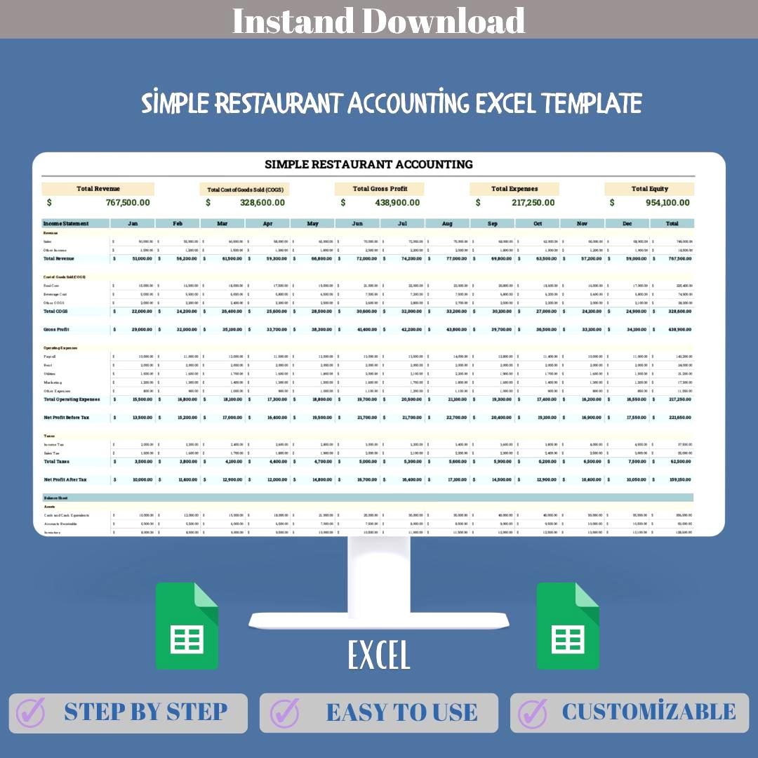 Simple Restaurant Accounting Excel Template, Track Sales, Monitor ...