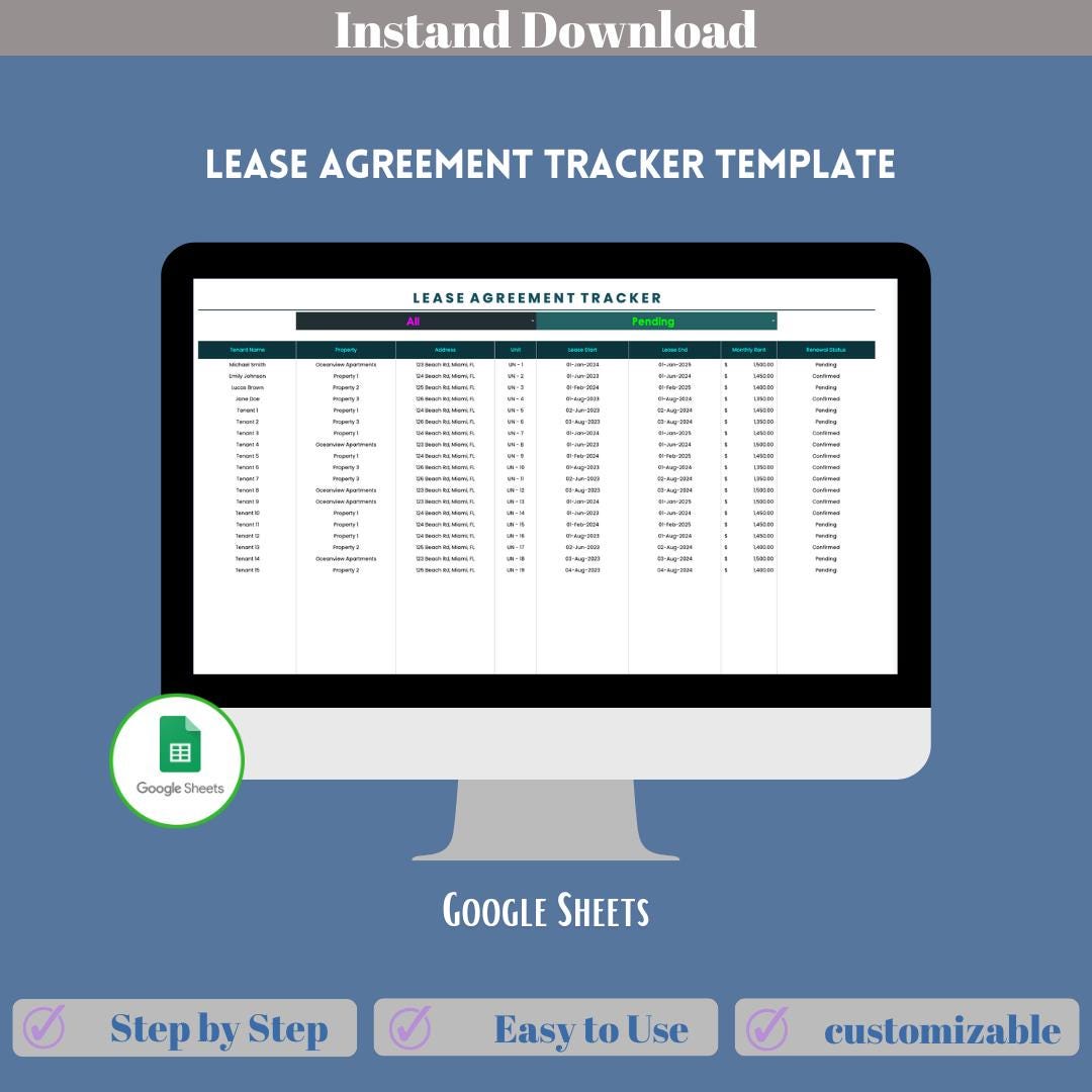 Lease Agreement Tracker Template, Digital Download, Editable Google ...