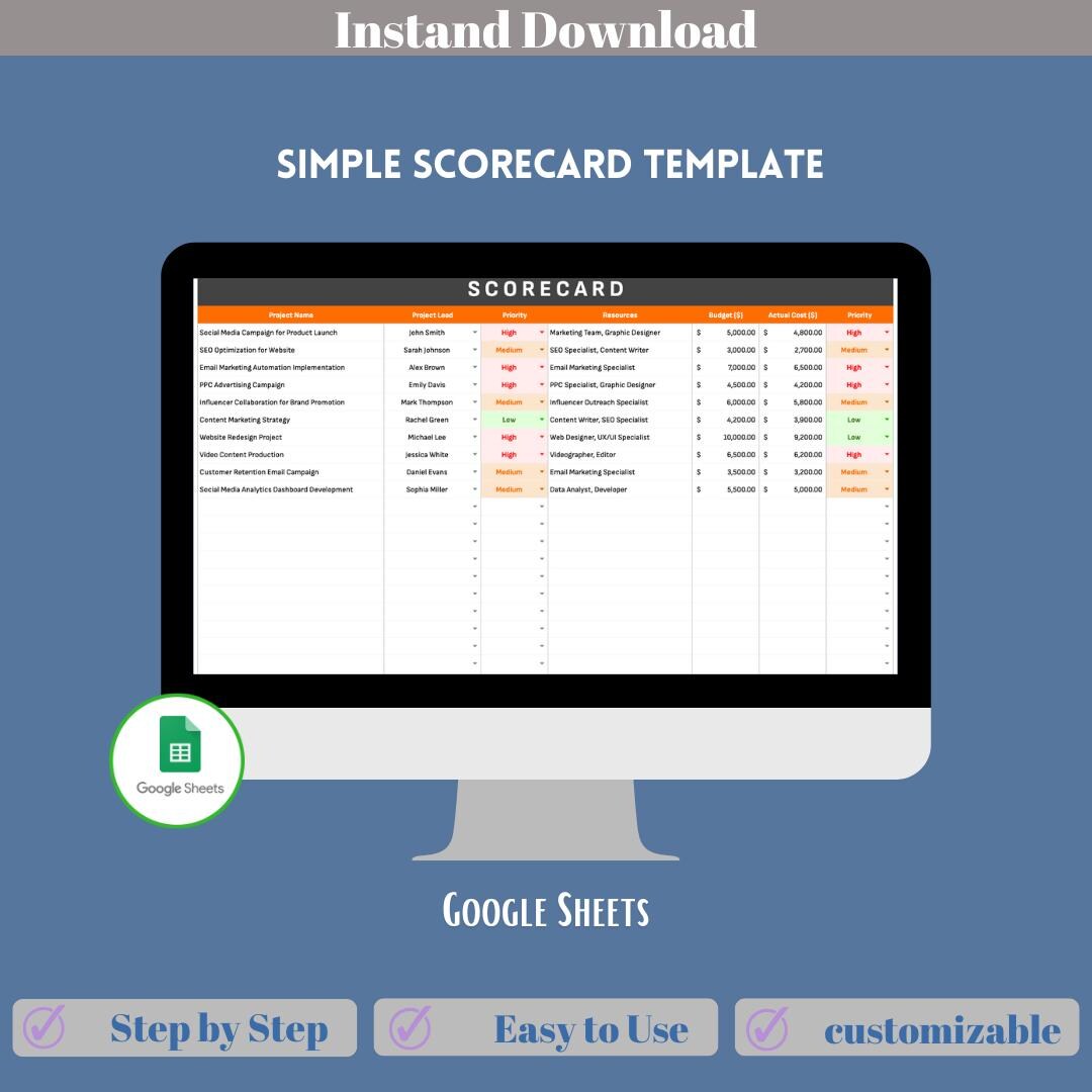 Simple Scorecard Template, Digital Download, Editable Excel or Google ...