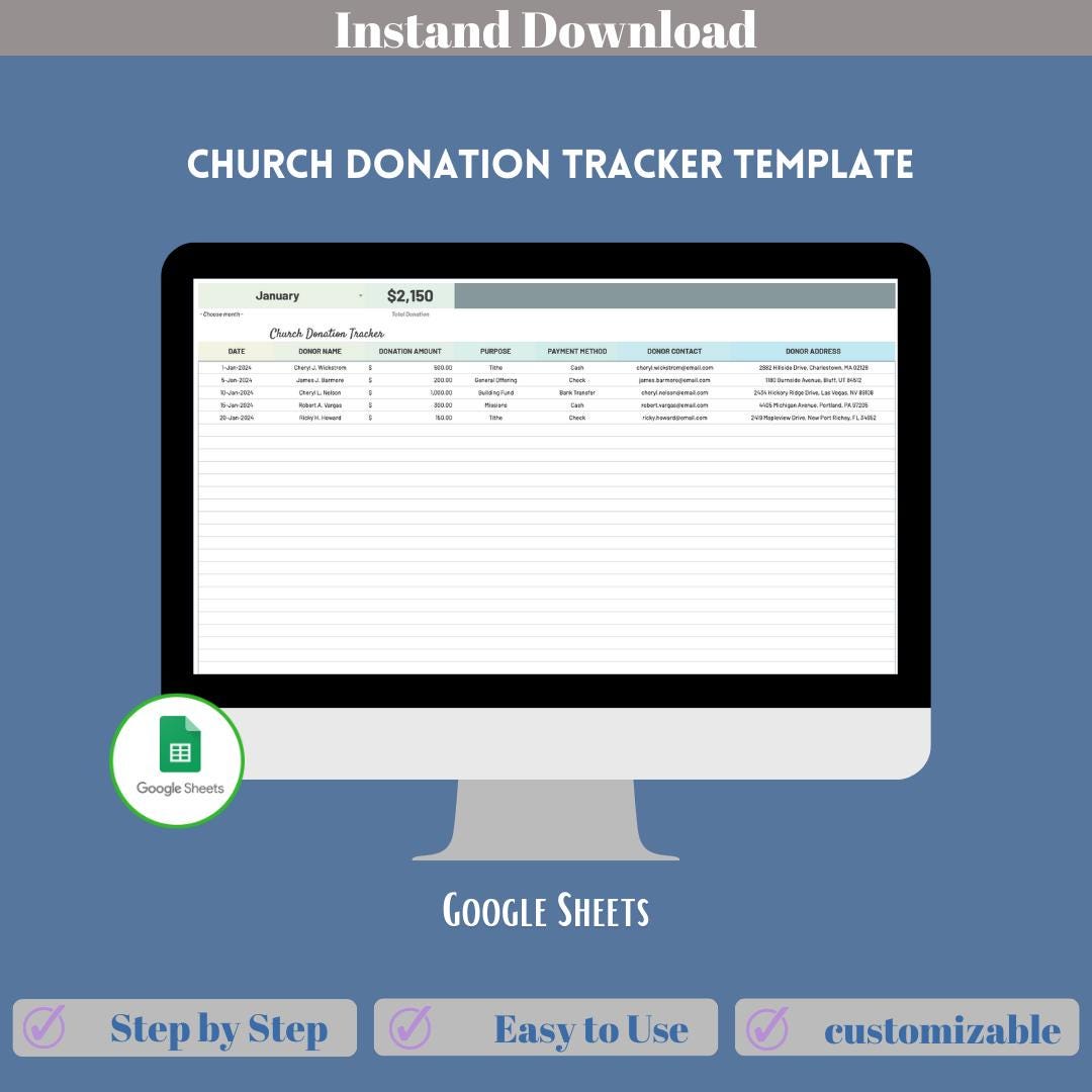Church Donation Tracker Template, Editable, Easy to Use Digital ...