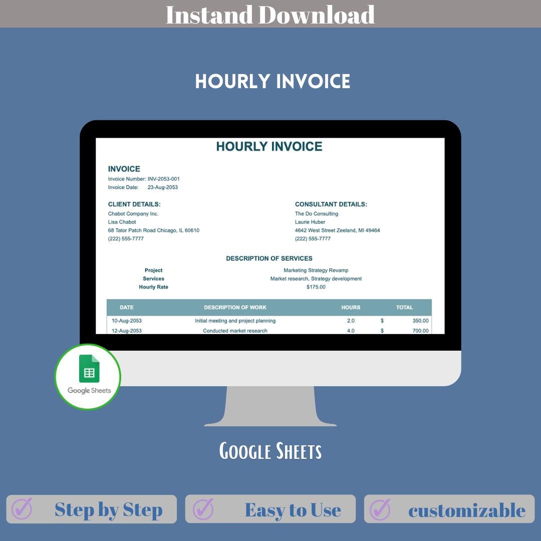 Hourly Invoice Template, Editable Digital Download, Google Sheets ...