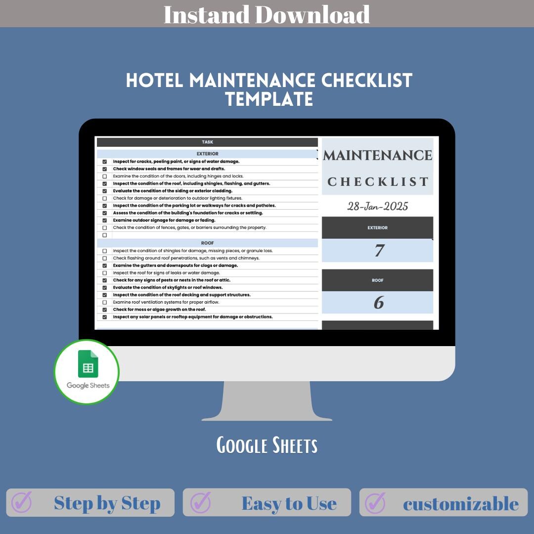 Hotel Maintenance Checklist Template, Digital Download, Editable Google ...