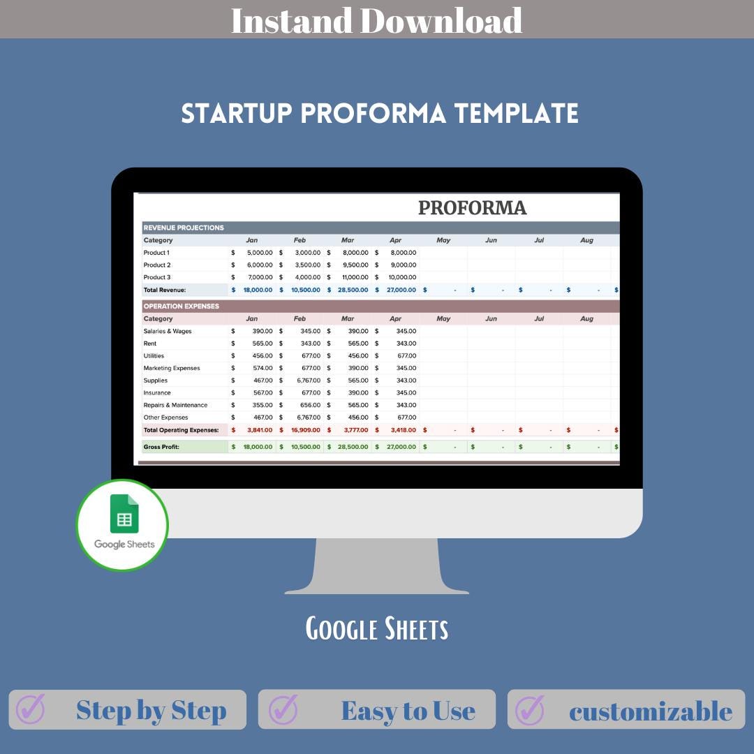 Startup Proforma Template, Digital Download, Editable Excel, Business ...