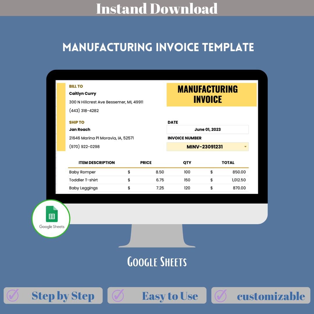 Manufacturing Invoice Template, Production Billing, Payment Tracker ...