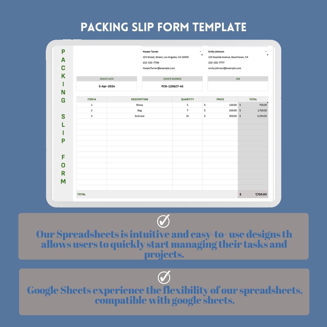 Packing Slip Form Template, Printable Shipping Document, Google Sheets ...