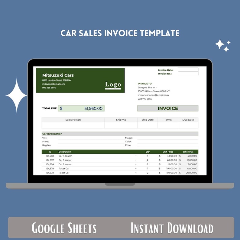 Car Sales Invoice Template Google Sheets, Editable Auto Sales Receipt ...