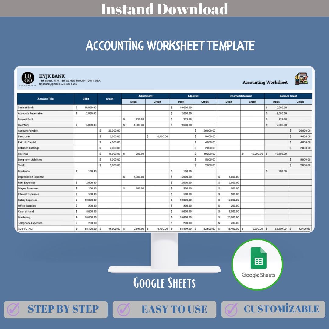 Accounting Worksheet Template in Google Sheets for Adjustments, Trial ...