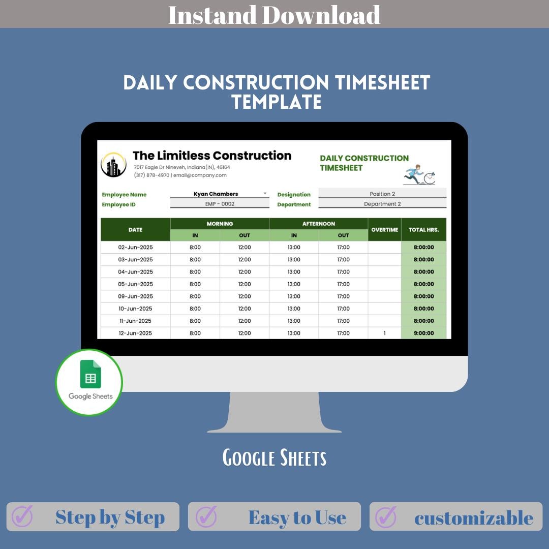 Daily Construction Timesheet Template,excel Spreadsheet, Worker Hours ...