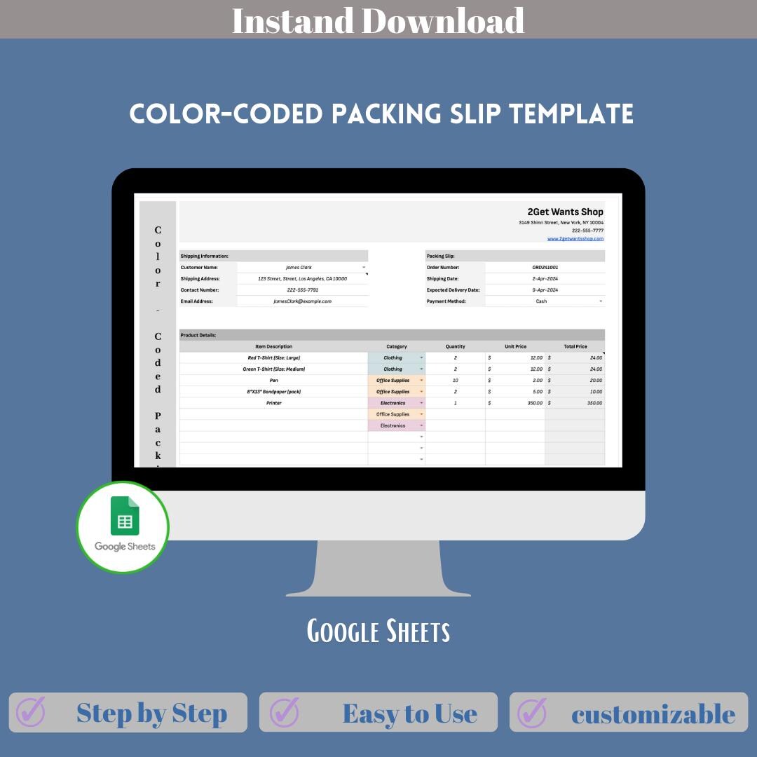 Color-coded Packing Slip Template, Digital Download, Editable Excel or ...