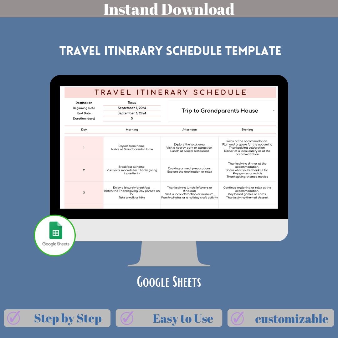 Travel Itinerary Schedule Template, Trip Planner, Google Sheets ...