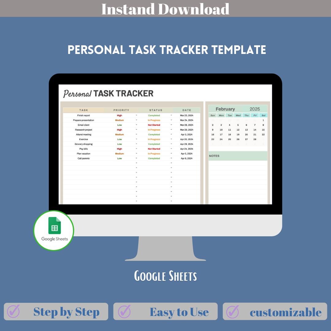 Personal Task Tracker Template, Digital Download, Editable Google ...