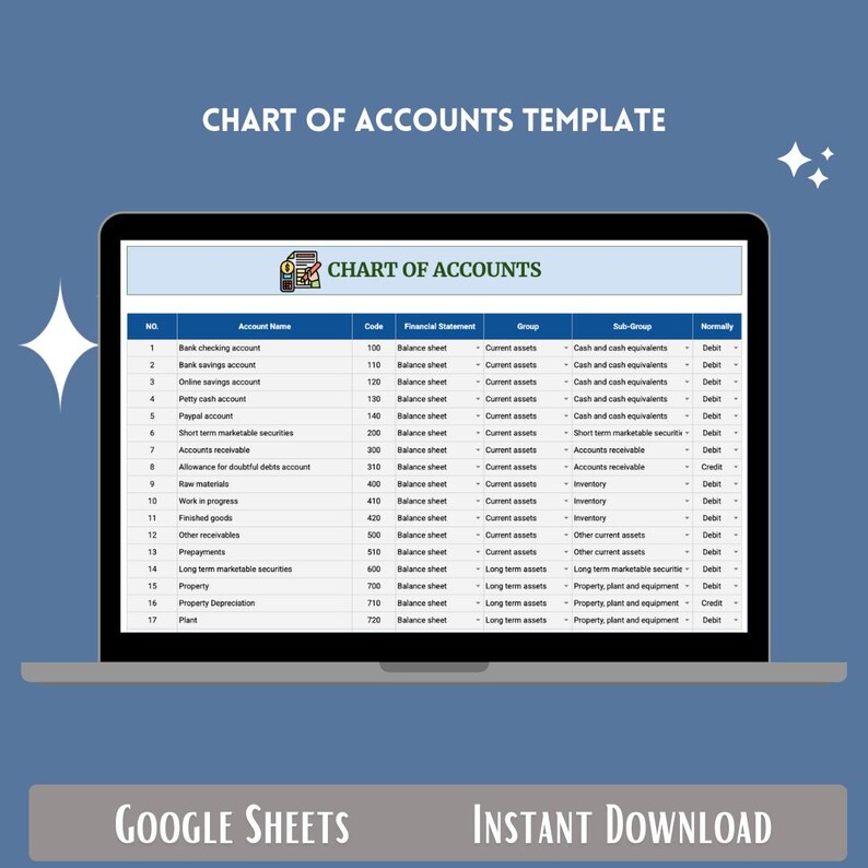 Chart of Accounts Template, Digital Download,google Sheets for Small ...