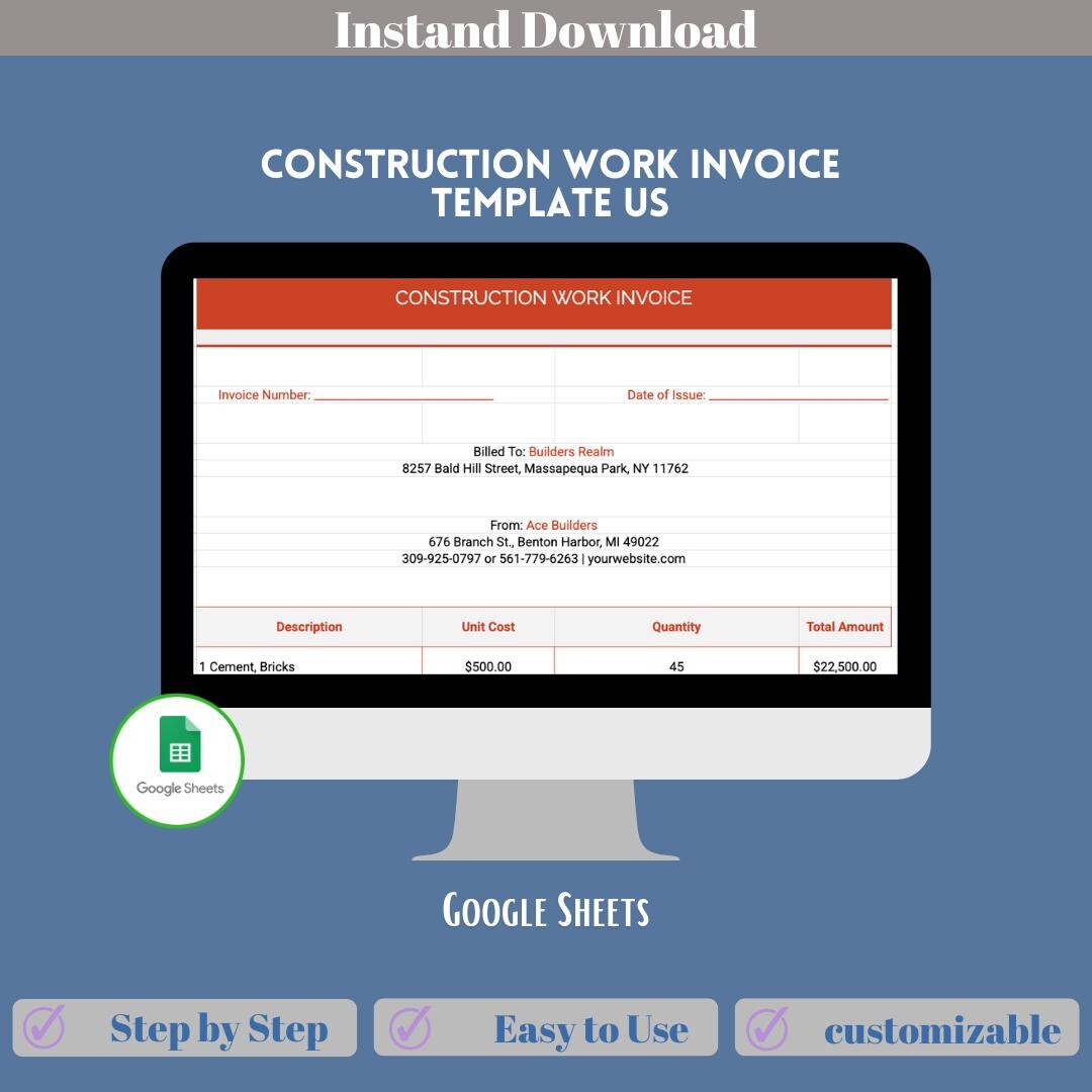 Construction Work Invoice Template US, Editable Easy-to-use Google ...