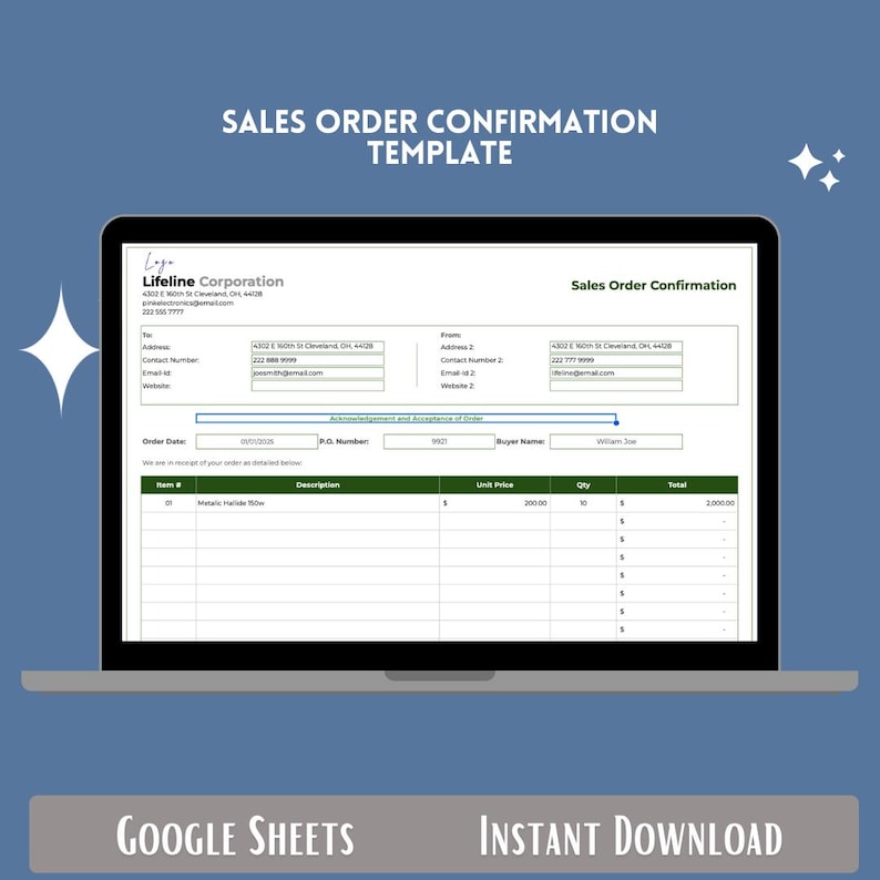 Sales Order Confirmation Google Sheets Template for Small Business ...