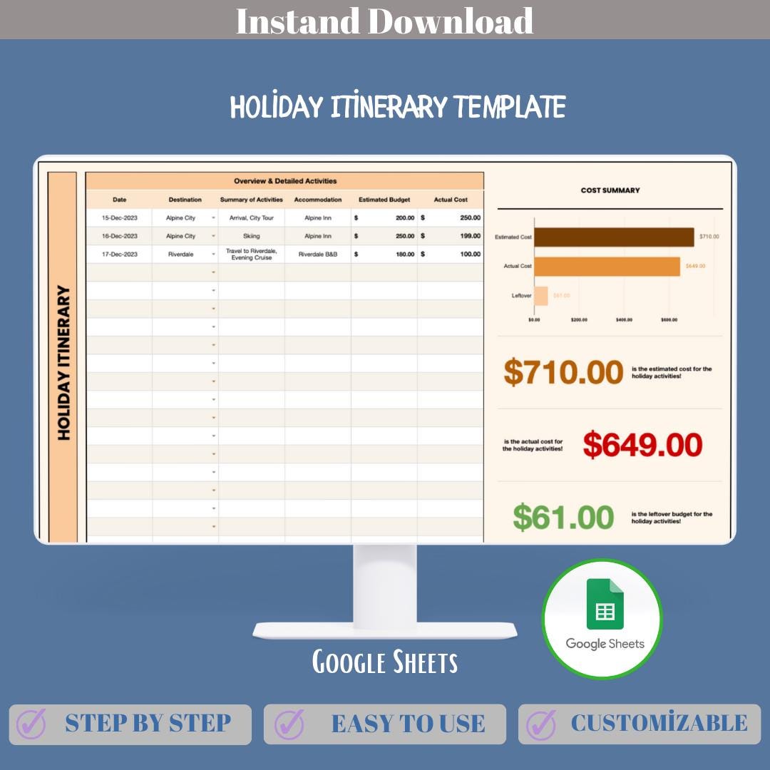 Holiday Itinerary Template Google Sheets, Editable Travel Planner Sheet ...