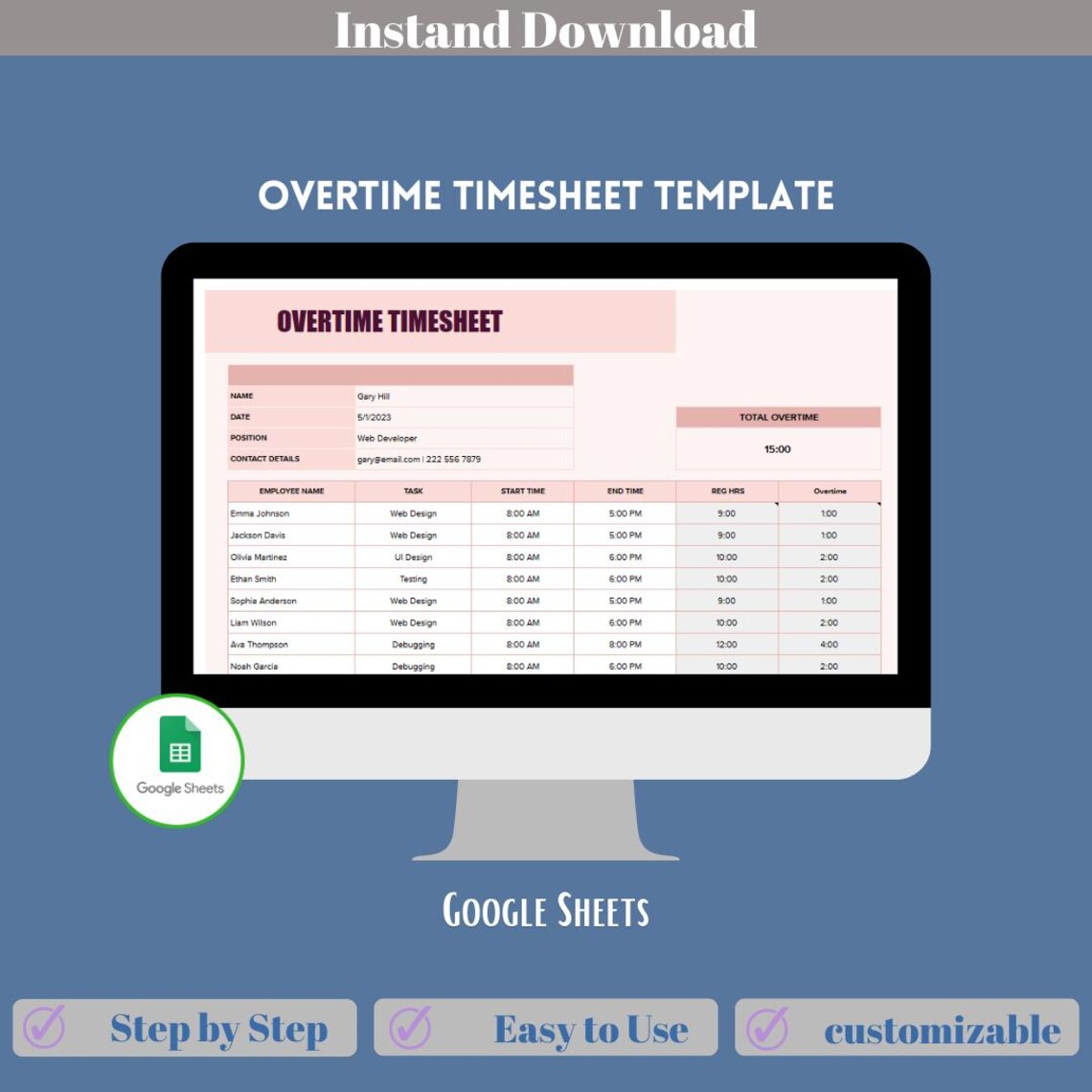 Overtime Timesheet Template,employee Hours, Overtime Tracking, Payroll Management, Work Hours ...