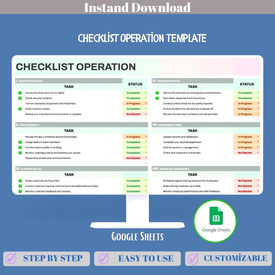 Checklist Operation Template Google Sheets Small Business Workflow ...