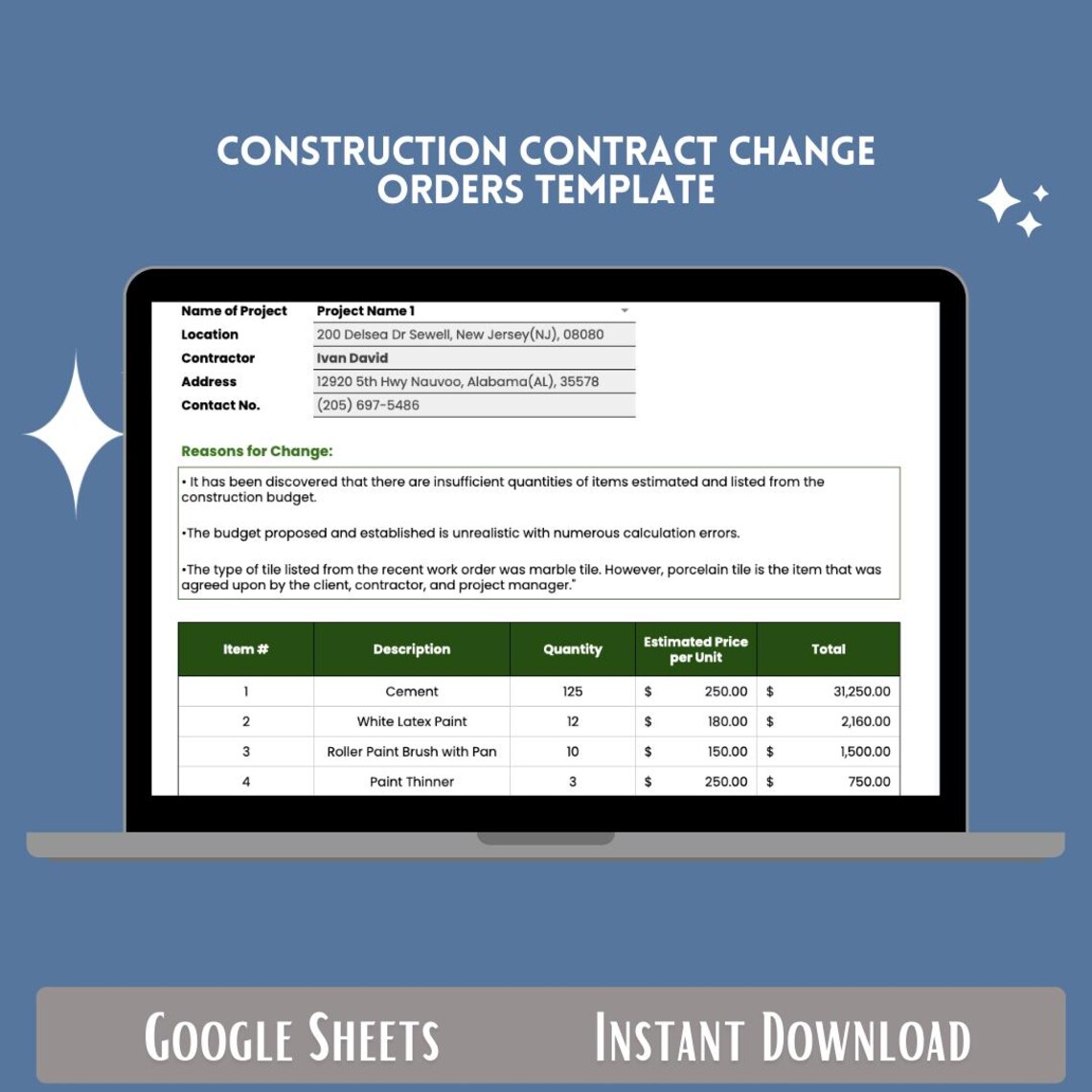 Construction Contract Change Orders Template, Editable, Excel Spreadsheet,project Management ...