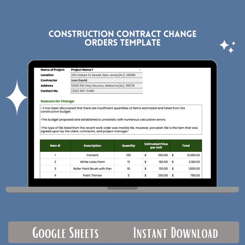 Construction Contract Change Orders Template, Editable, Excel Spreadsheet,project Management ...