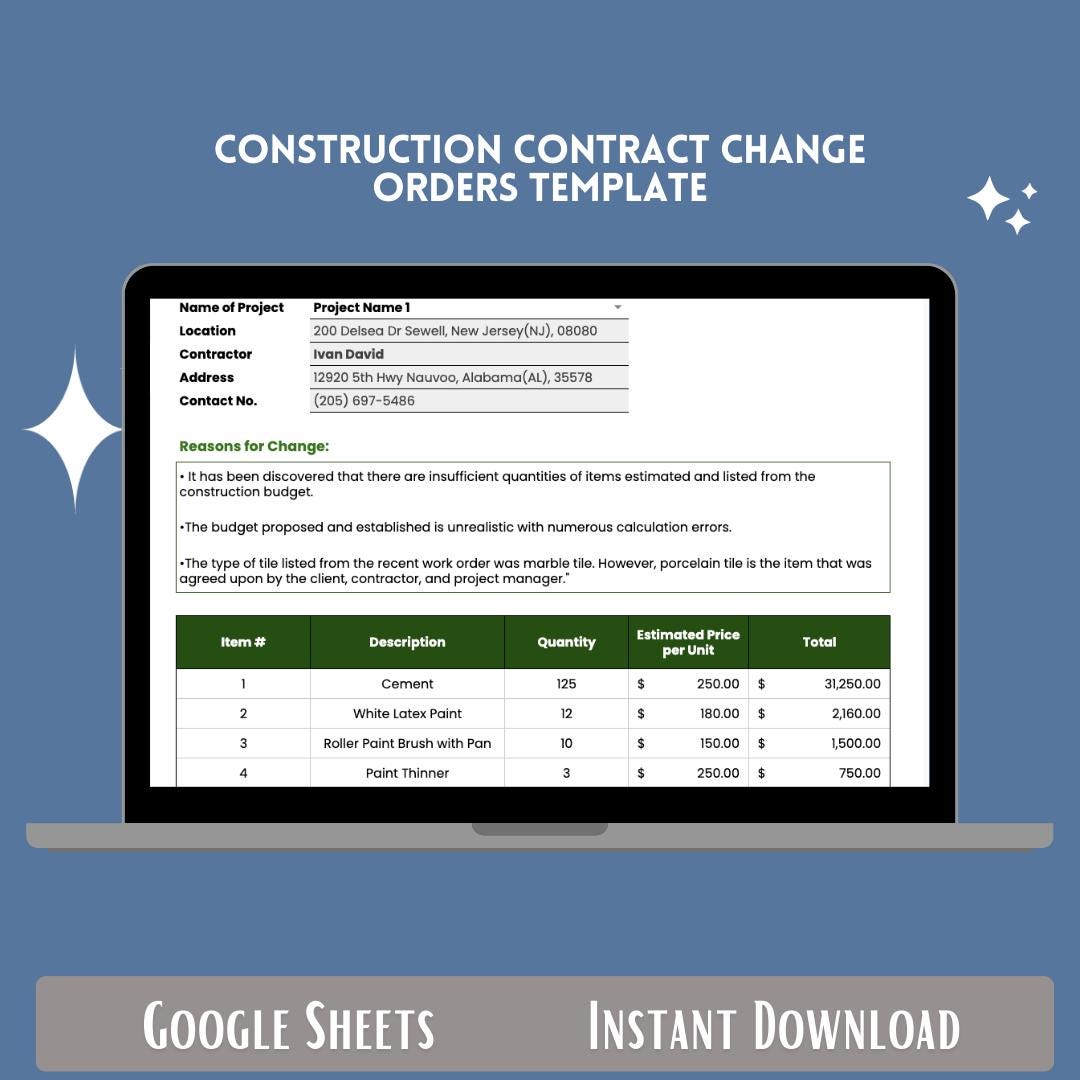 Construction Contract Change Orders Template, Editable, Excel ...