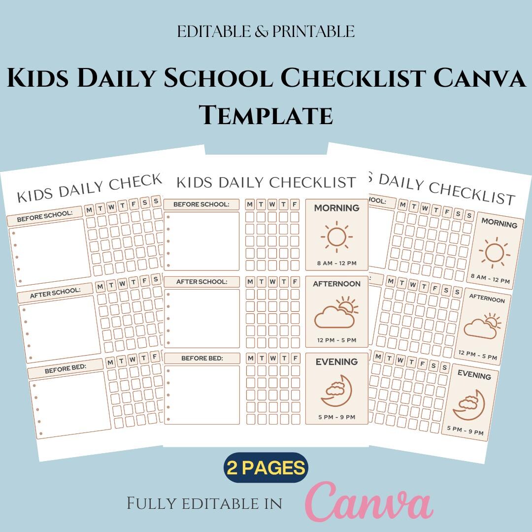 Kids Daily School Checklist, Canva Editable Template, Morning Routine ...