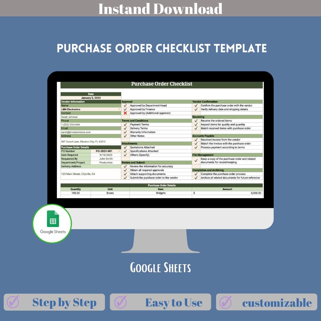 Purchase Order Checklist Template,digital Download, Editable Excel or ...