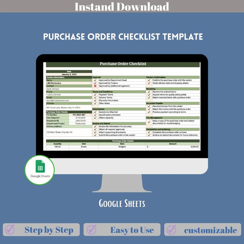 Purchase Order Checklist Template,digital Download, Editable Excel or ...