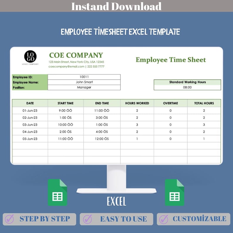 Employee Timesheet Excel Template, Track Work Hours, Monitor Attendance ...