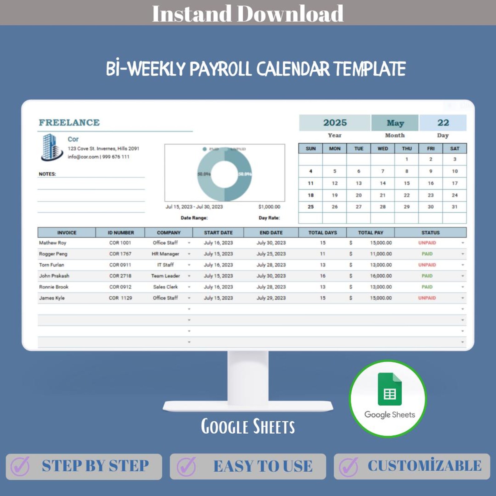 Bi-weekly Payroll Calendar for Small Business, Google Sheets Template ...