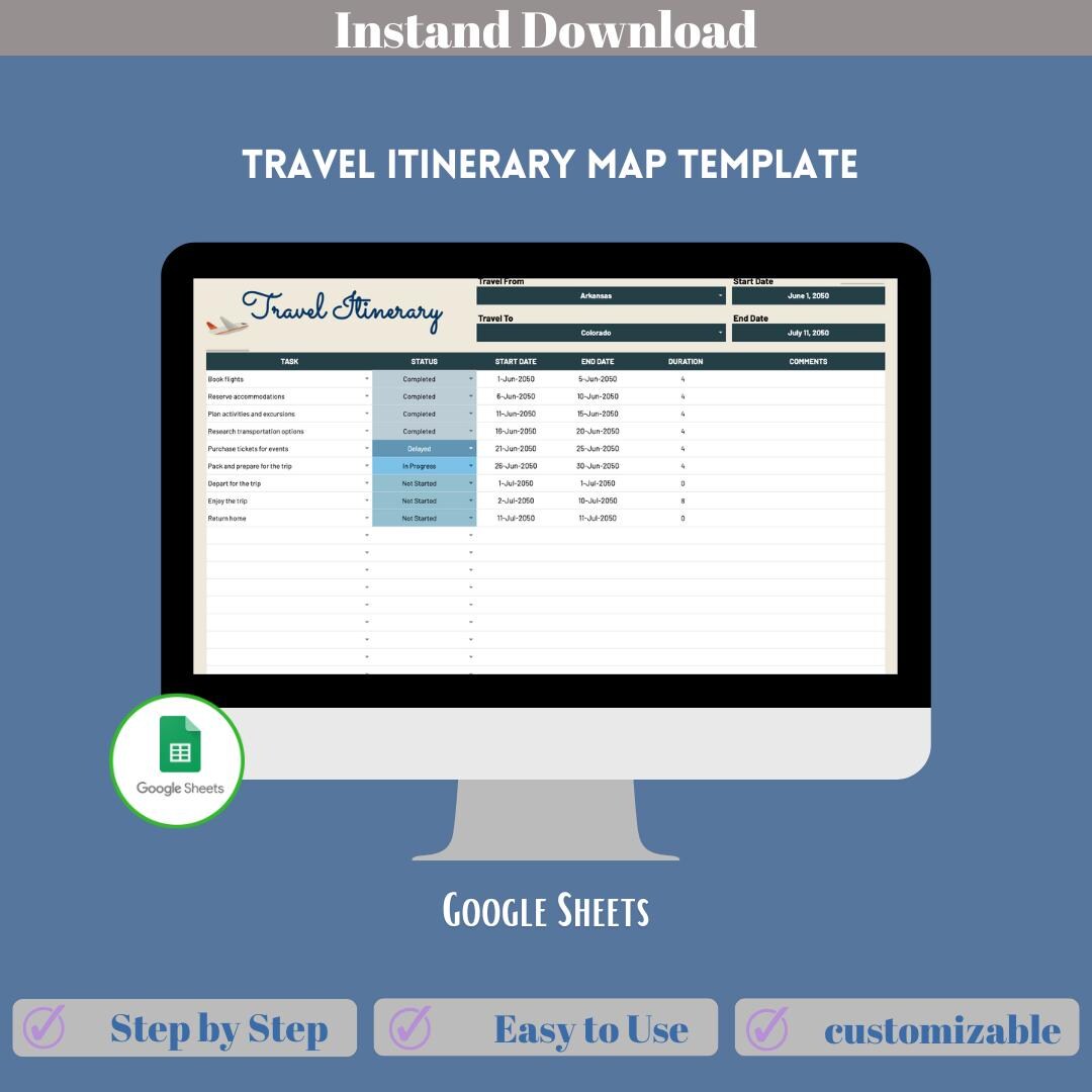 Travel Itinerary Map Template, Editable Digital Download, Google Sheets ...