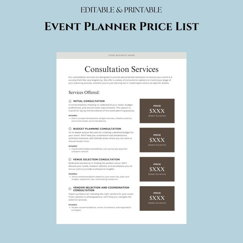 Event Planner Price List Canva Template, Editable Service Pricing Sheet ...