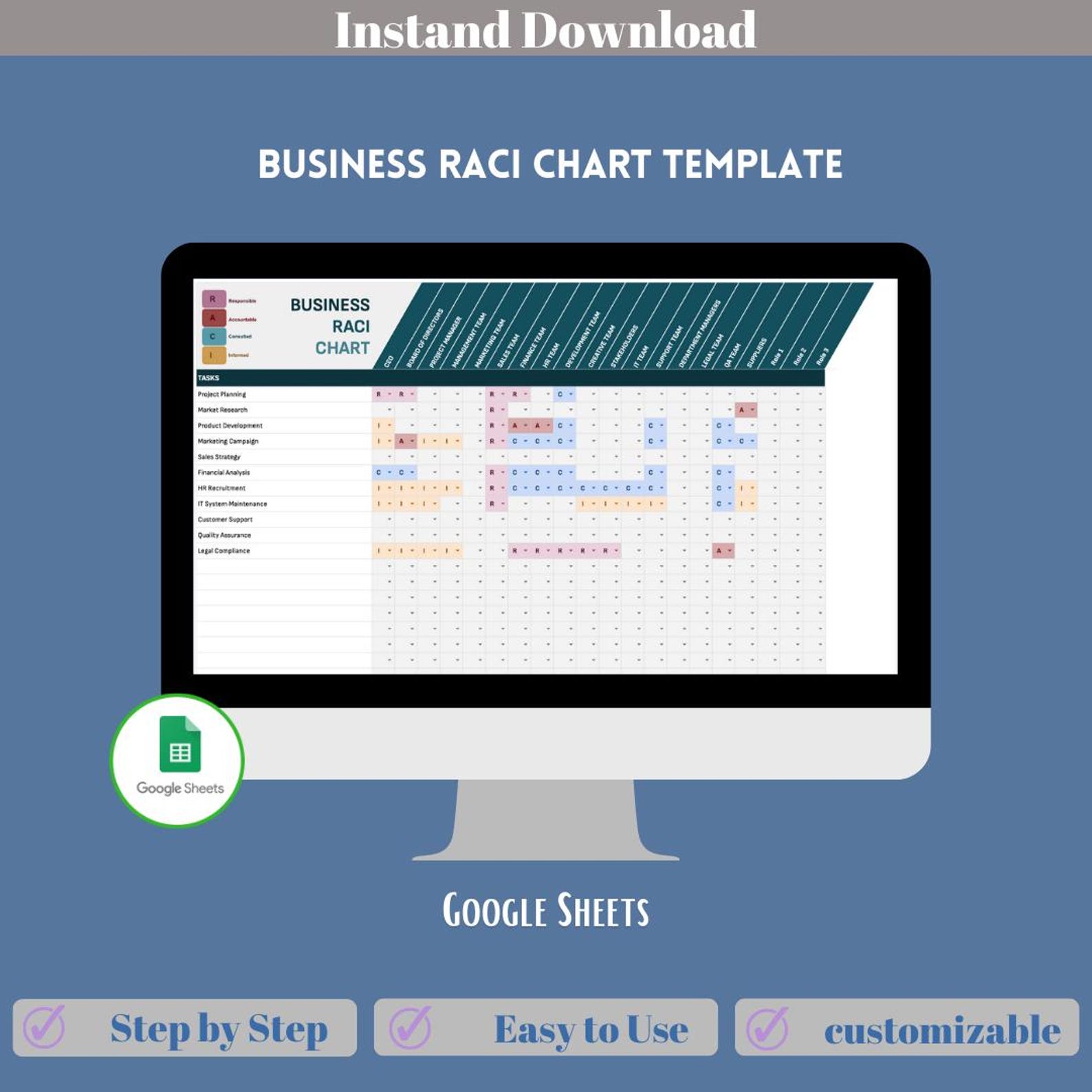 Business RACI Chart Template, Responsibility Matrix, Google Sheets ...