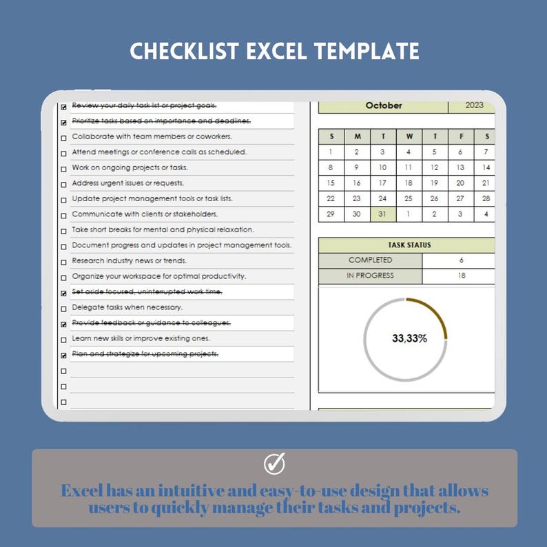 Checklist Excel Template, Organize Tasks, Track Progress, Manage Daily ...